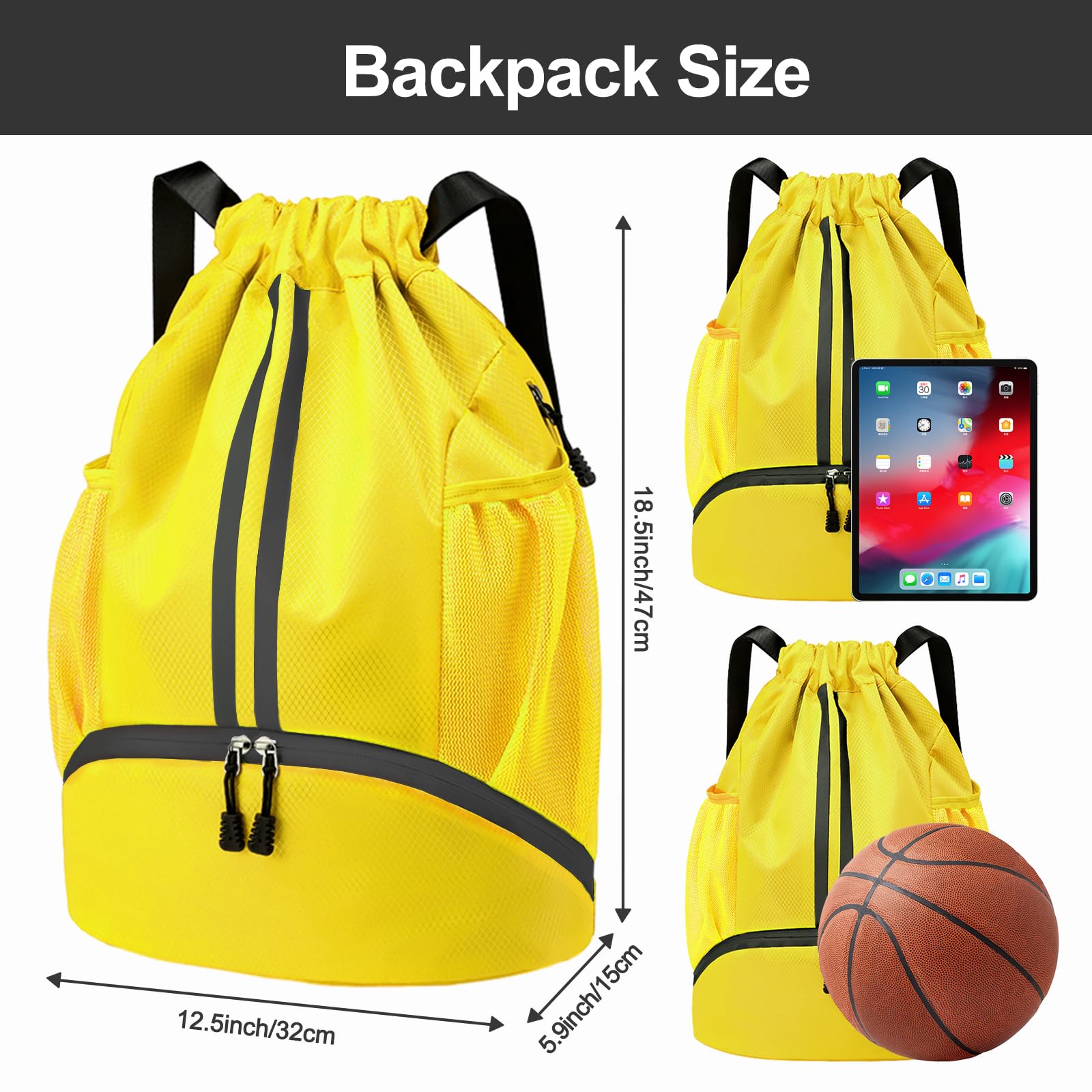 Hoedia Sports Drawstring Backpack - String Swim Gym Bag with Shoes Compartment and Wet Proof Pocket for Women/Men (Yellow)