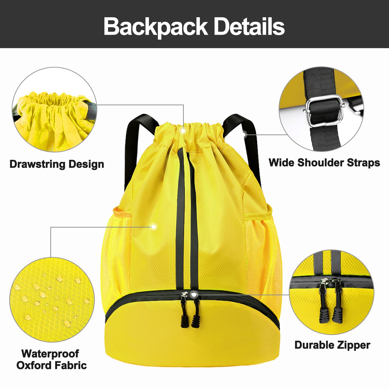 Hoedia Sports Drawstring Backpack - String Swim Gym Bag with Shoes Compartment and Wet Proof Pocket for Women/Men (Yellow)