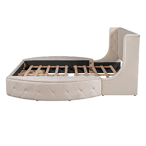 Prohon Upholstered Platform Bed with Wingback Headboard and 1 Big Drawer,2 Side Storage Stool, Velvet Tufted Bed Frame Queen Size, No Box Spring Needed, Easy to Install, Wooden Slats Support, Beige