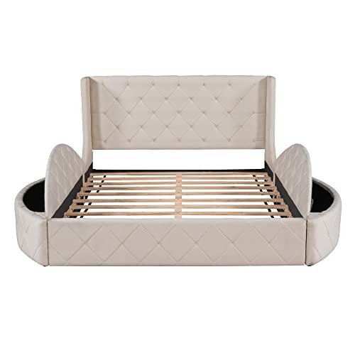 Prohon Upholstered Platform Bed with Wingback Headboard and 1 Big Drawer,2 Side Storage Stool, Velvet Tufted Bed Frame Queen Size, No Box Spring Needed, Easy to Install, Wooden Slats Support, Beige