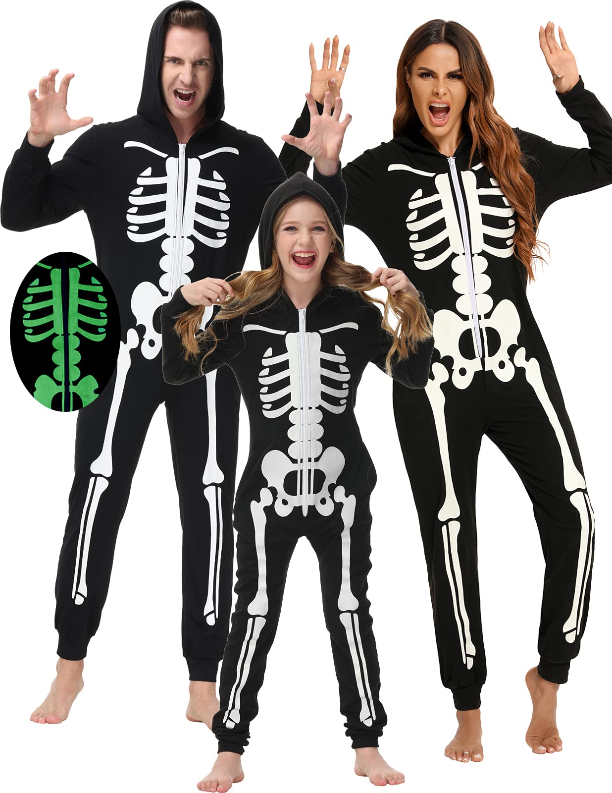 Veseacky Novelty Adult Glow in The Dark Skeleton Zipper Jumpsuit Pajamas for Family Long Sleeve Rompers Hooded with Pockets XX-Large