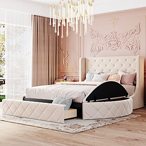 Prohon Upholstered Platform Bed with Wingback Headboard and 1 Big Drawer,2 Side Storage Stool, Velvet Tufted Bed Frame Queen Size, No Box Spring Needed, Easy to Install, Wooden Slats Support, Beige