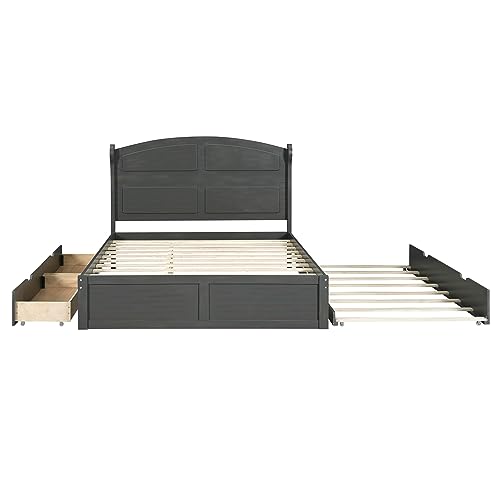 BIADNBZ Queen Size Platform Bed with Twin Trundle and 2 Drawers Underneath, Wooden Bedframe with Headboard, for Bedroom, Antique Gray