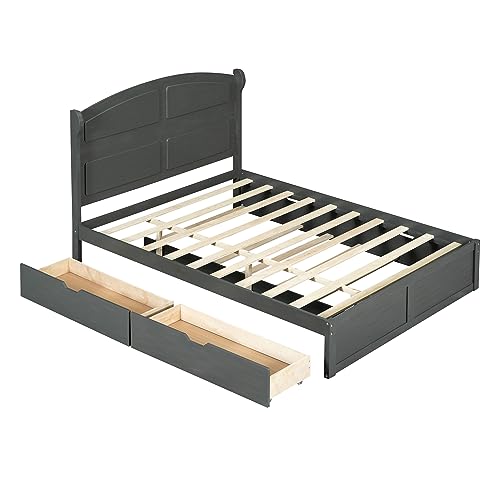 BIADNBZ Queen Size Platform Bed with Twin Trundle and 2 Drawers Underneath, Wooden Bedframe with Headboard, for Bedroom, Antique Gray