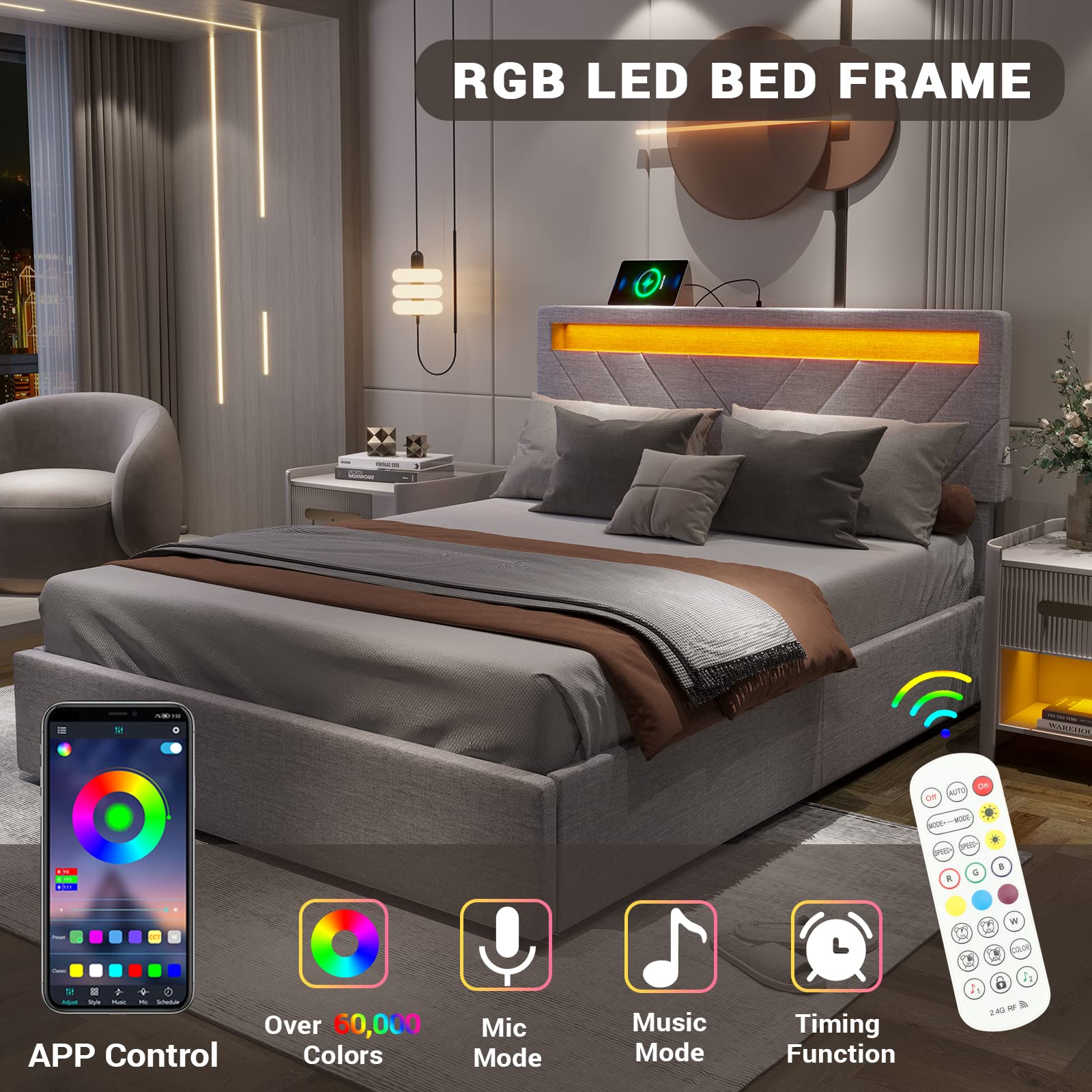 ADORNEVE Queen LED Bed Frame with Drawers Storage, 2 USB Charging Station, Upholstered Platform Bed with Storage & LED Lights Headboard, No Box Spring Needed, Light Grey