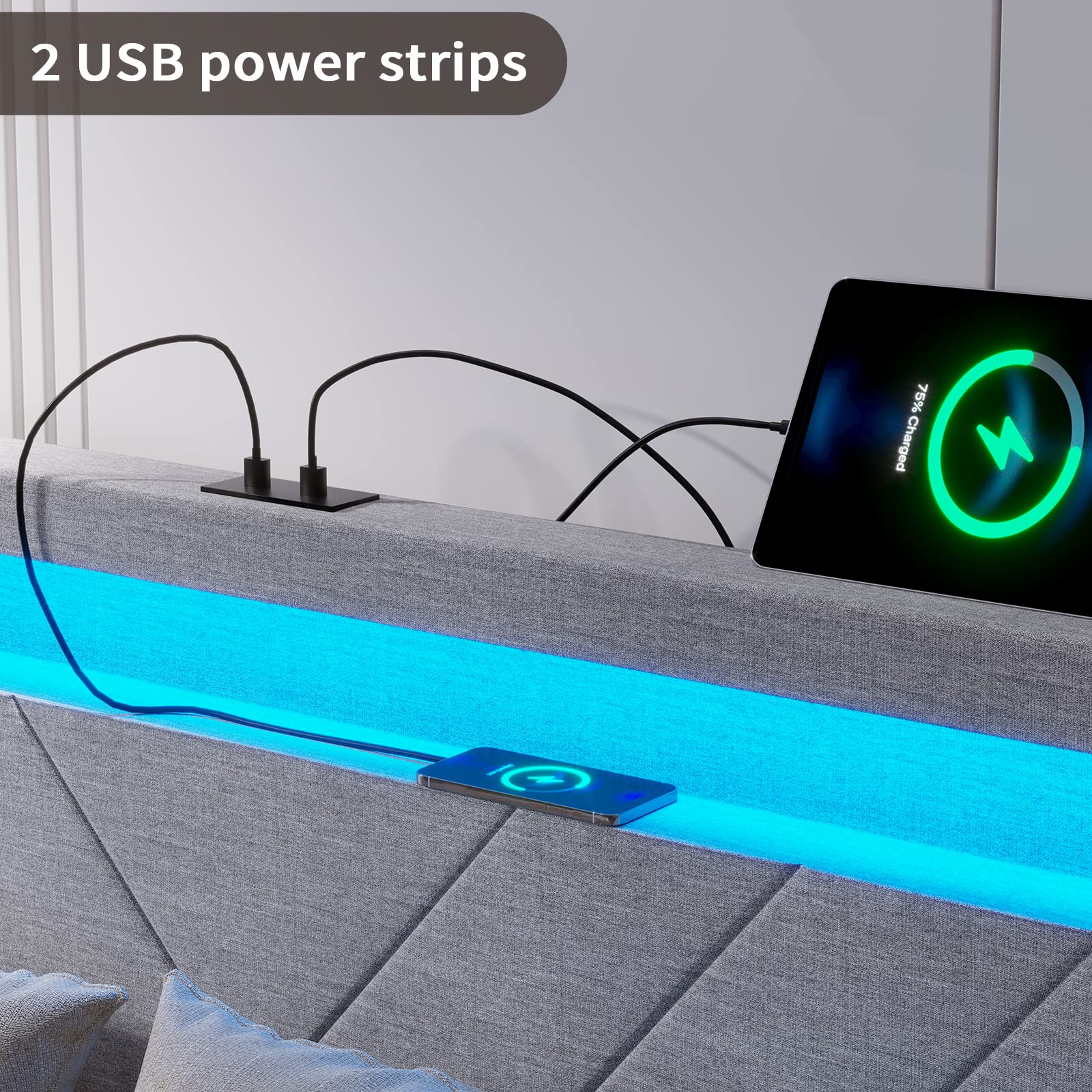 ADORNEVE Queen LED Bed Frame with Drawers Storage, 2 USB Charging Station, Upholstered Platform Bed with Storage & LED Lights Headboard, No Box Spring Needed, Light Grey