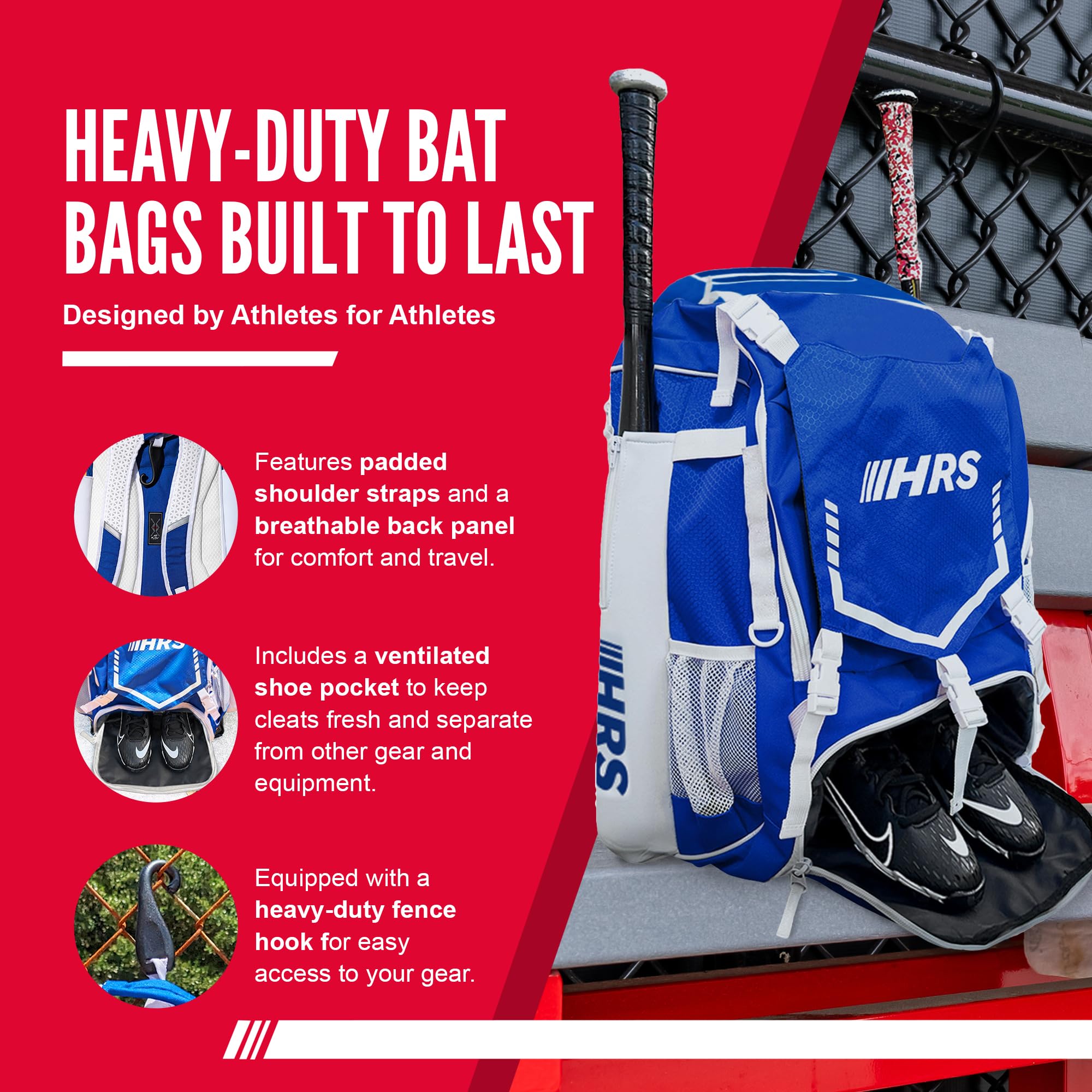 Hit Run Steal Blue Softball Baseball Bag - Holds 4 Bats, Glove, Water Bottle, Shoe Compartment, Helmet, Fence Hook for Equipment & Gear