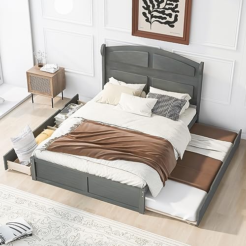 BIADNBZ Queen Size Platform Bed with Twin Trundle and 2 Drawers Underneath, Wooden Bedframe with Headboard, for Bedroom, Antique Gray