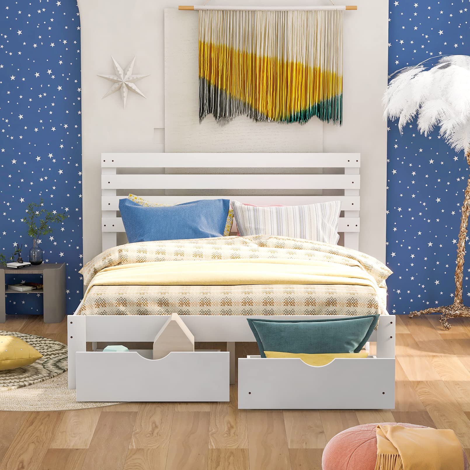 Queen Size Rustic Casual Style Platform Bed with 2 Storage Drawers & Headboard, Wooden Frames with No Box Spring Needed for Bedroom Small Space Boys Girls Adults Teens, White