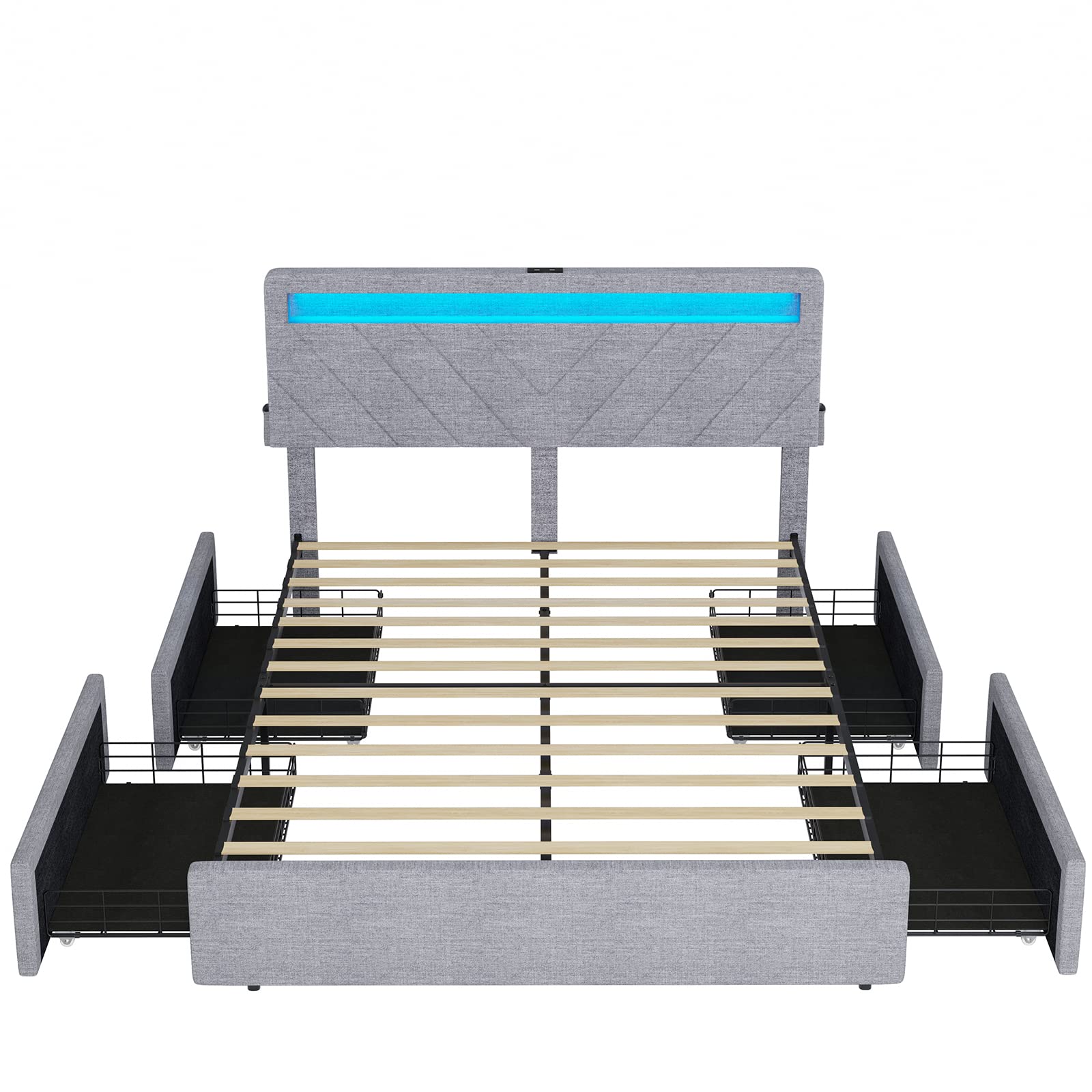 ADORNEVE Queen LED Bed Frame with Drawers Storage, 2 USB Charging Station, Upholstered Platform Bed with Storage & LED Lights Headboard, No Box Spring Needed, Light Grey