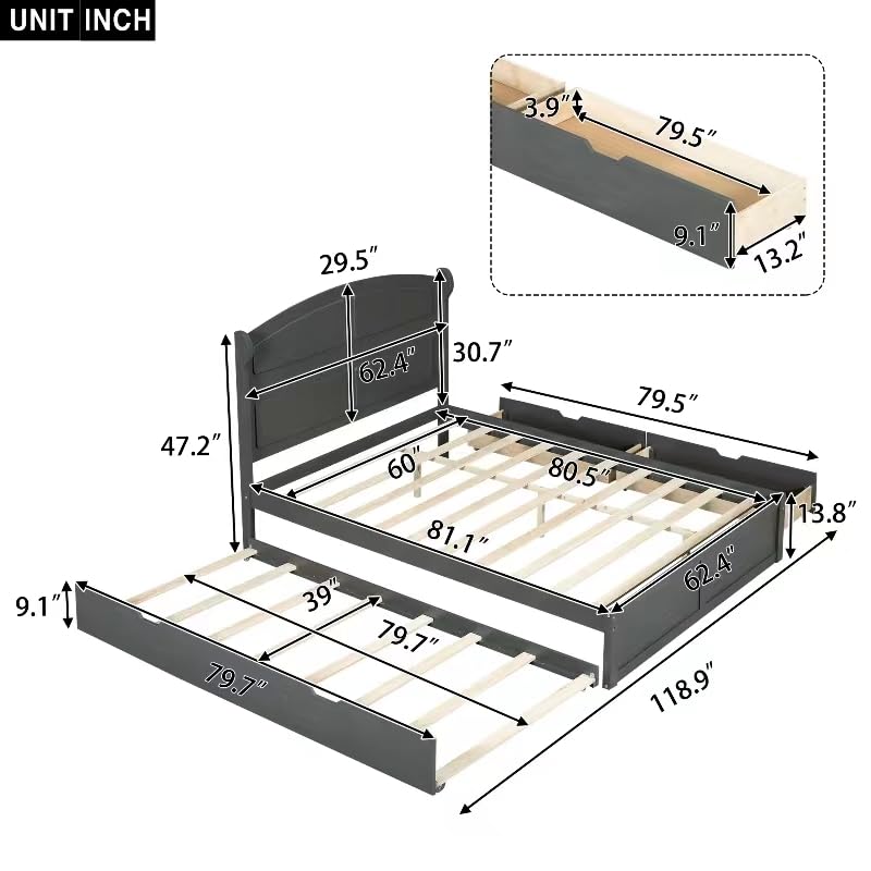 Harper & Bright Designs Queen Platform Bed with Twin Size Trundle and 2 Storage Drawers, Wooden Queen Size Bed Frame with Headboard, Queen Storage Bed with Trundle for Bedroom (Antique Gray)