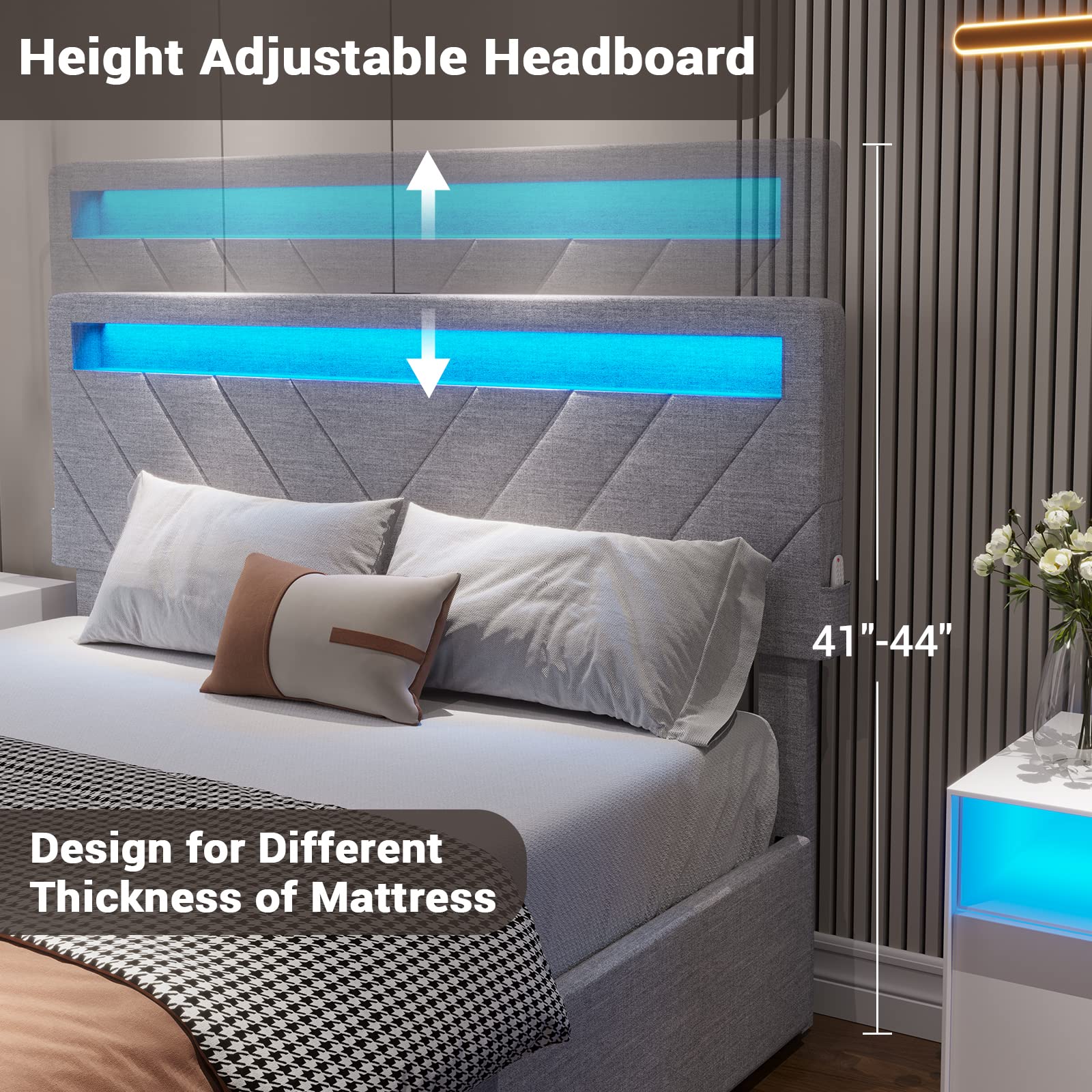 ADORNEVE Queen LED Bed Frame with Drawers Storage, 2 USB Charging Station, Upholstered Platform Bed with Storage & LED Lights Headboard, No Box Spring Needed, Light Grey