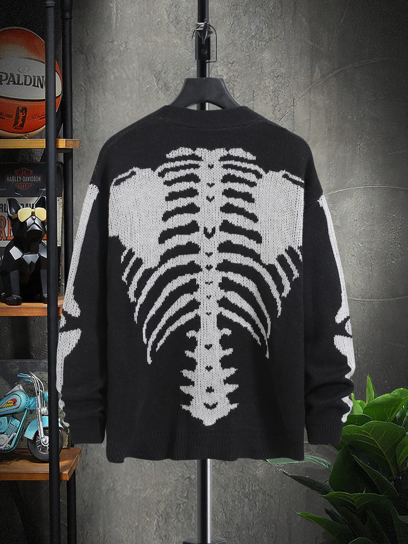 GORGLITTER Men's Skeleton Cardigan Sweater Y2K Long Sleeve Lightweight Open Front Sweater Black and White Large