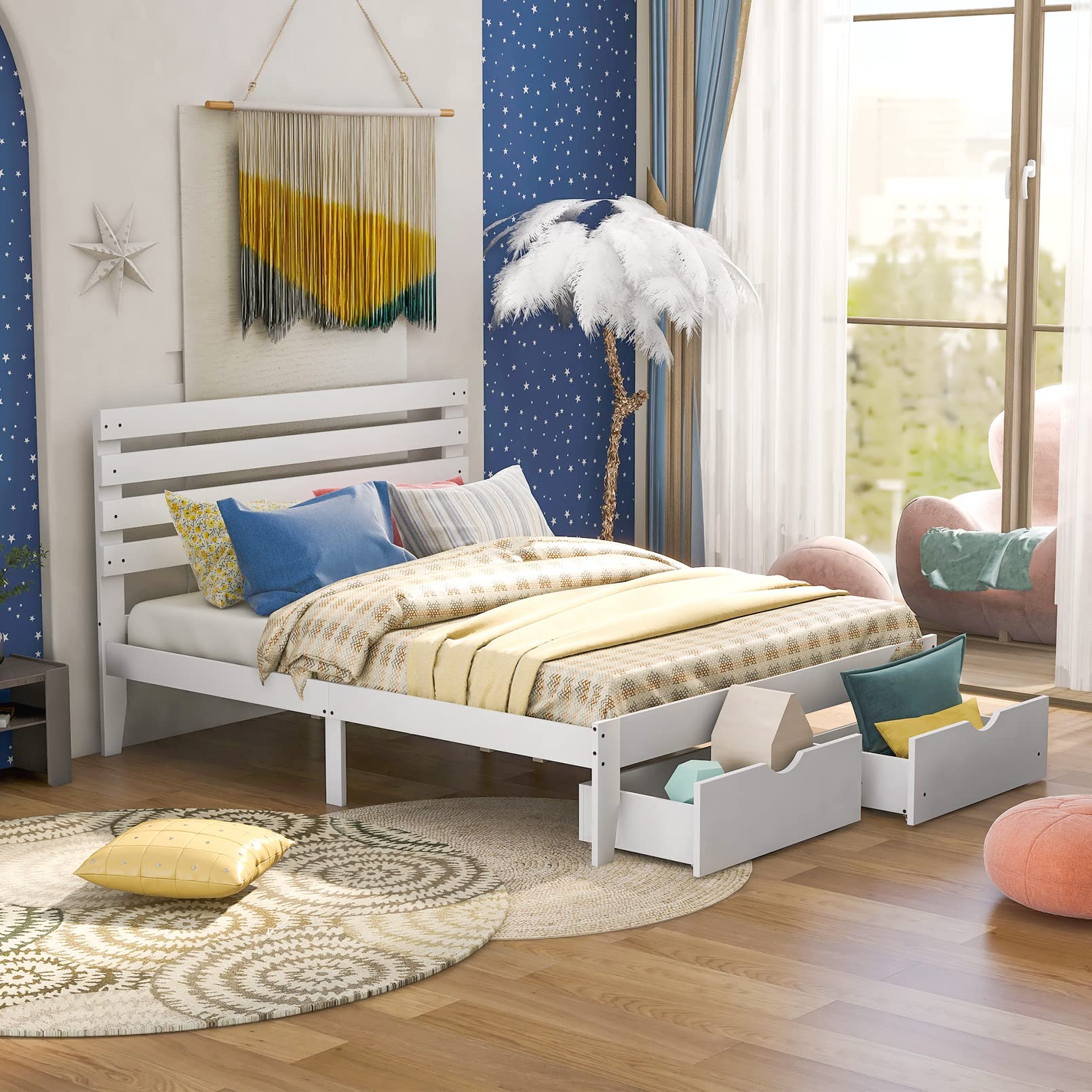Queen Size Rustic Casual Style Platform Bed with 2 Storage Drawers & Headboard, Wooden Frames with No Box Spring Needed for Bedroom Small Space Boys Girls Adults Teens, White