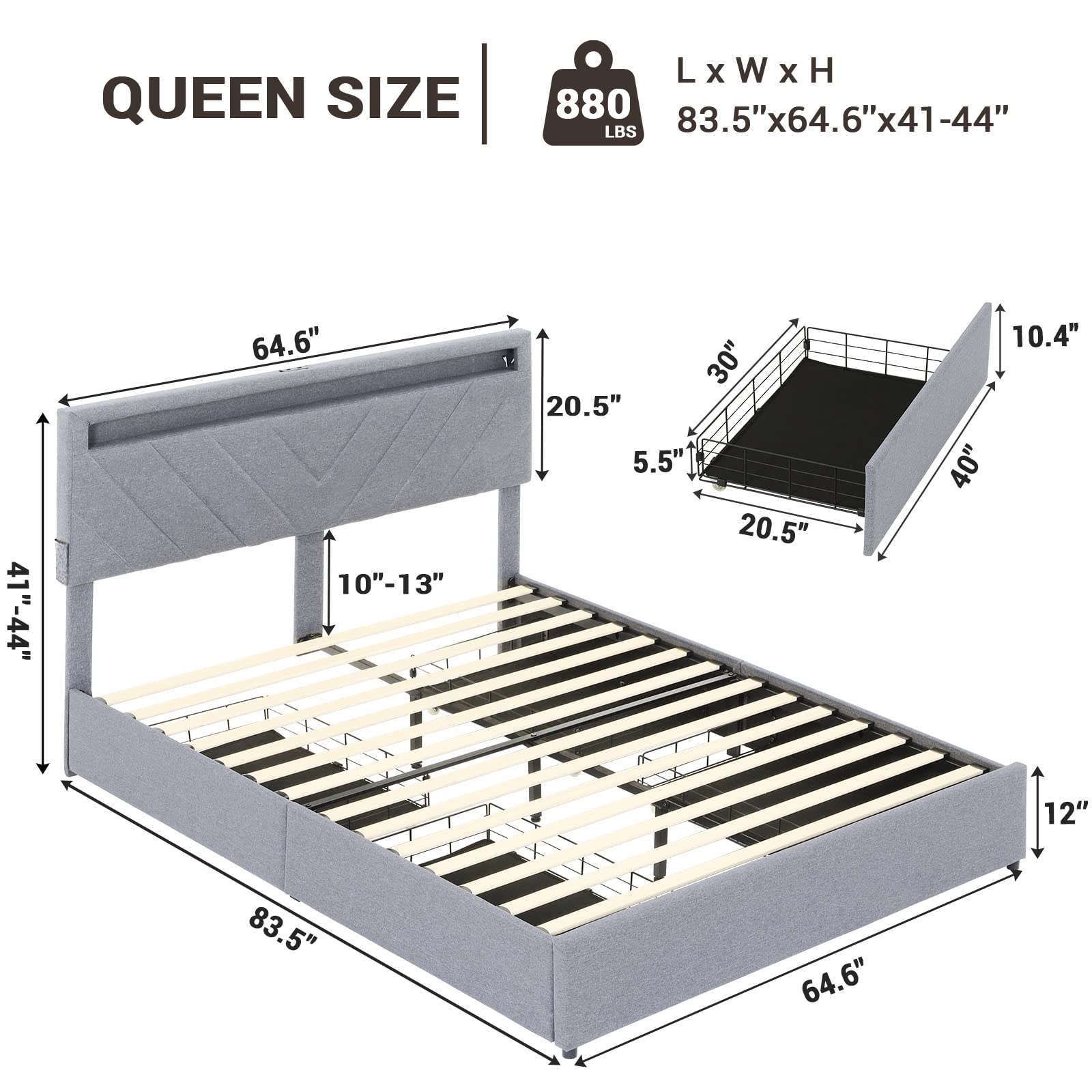 ADORNEVE Queen LED Bed Frame with Drawers Storage, 2 USB Charging Station, Upholstered Platform Bed with Storage & LED Lights Headboard, No Box Spring Needed, Light Grey