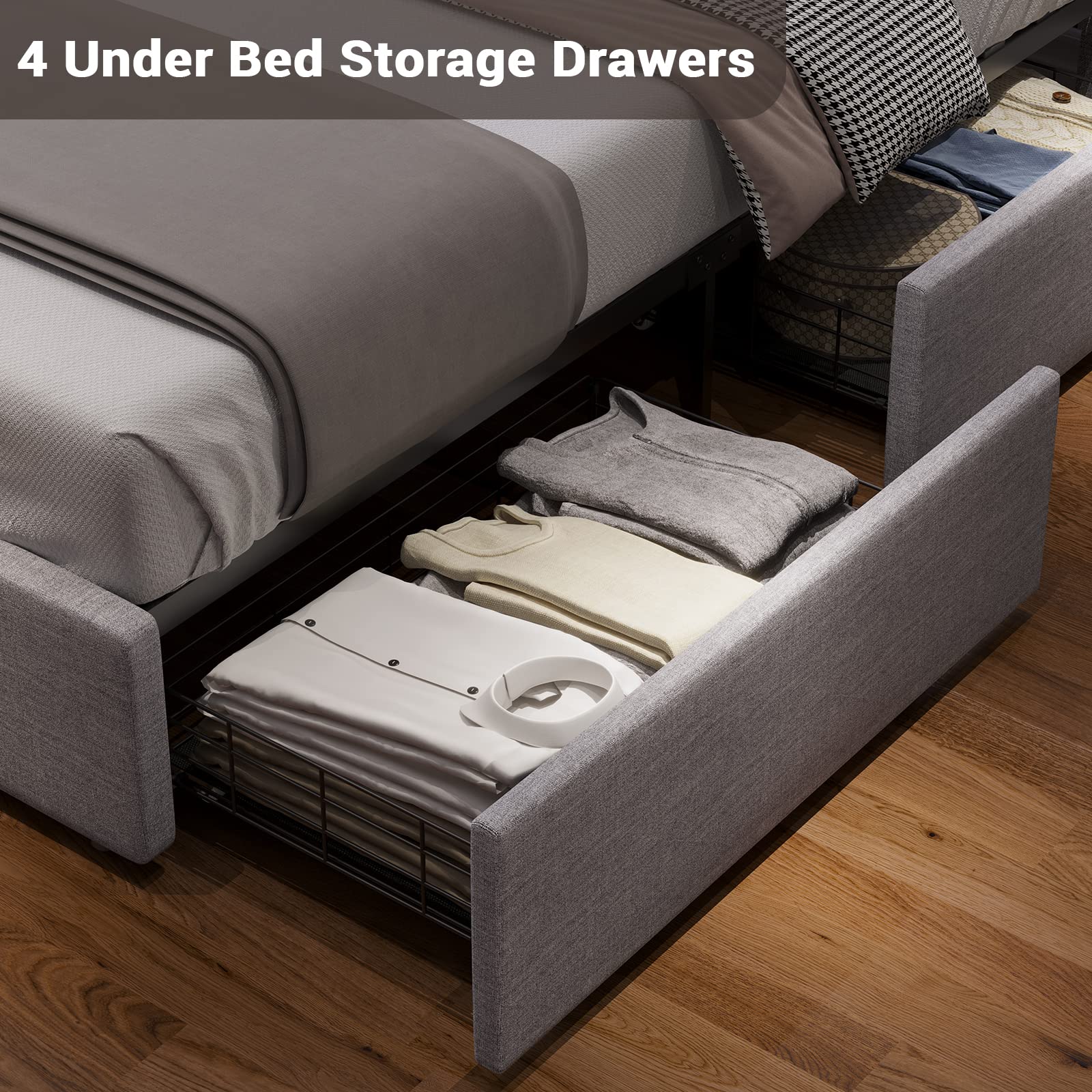 ADORNEVE Queen LED Bed Frame with Drawers Storage, 2 USB Charging Station, Upholstered Platform Bed with Storage & LED Lights Headboard, No Box Spring Needed, Light Grey
