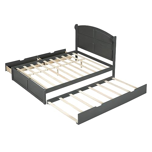 Harper & Bright Designs Queen Platform Bed with Twin Size Trundle and 2 Storage Drawers, Wooden Queen Size Bed Frame with Headboard, Queen Storage Bed with Trundle for Bedroom (Antique Gray)