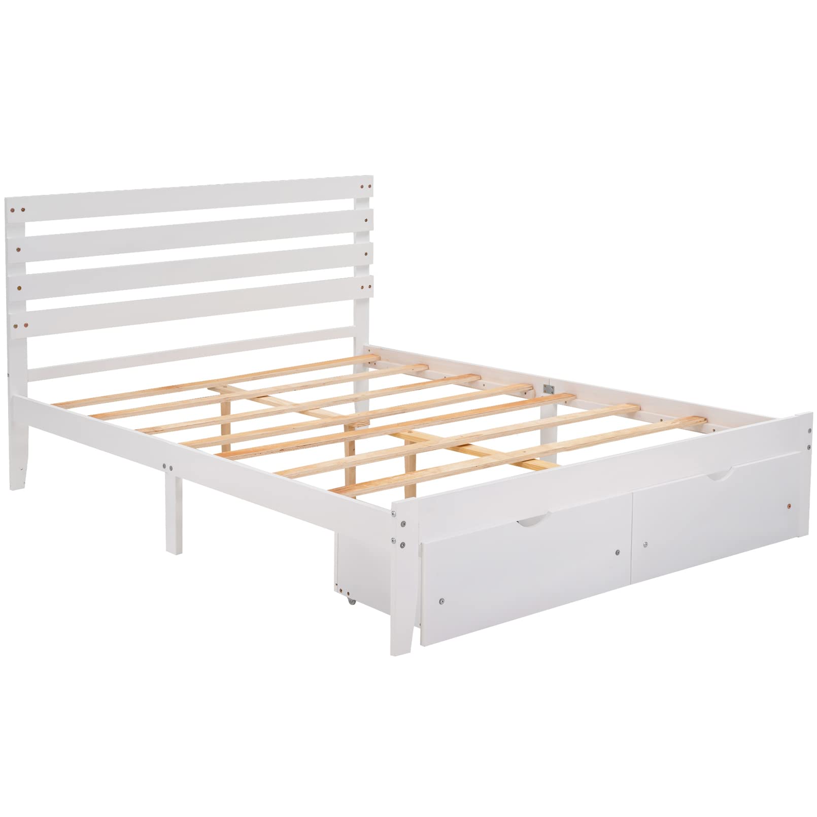 Queen Size Rustic Casual Style Platform Bed with 2 Storage Drawers & Headboard, Wooden Frames with No Box Spring Needed for Bedroom Small Space Boys Girls Adults Teens, White