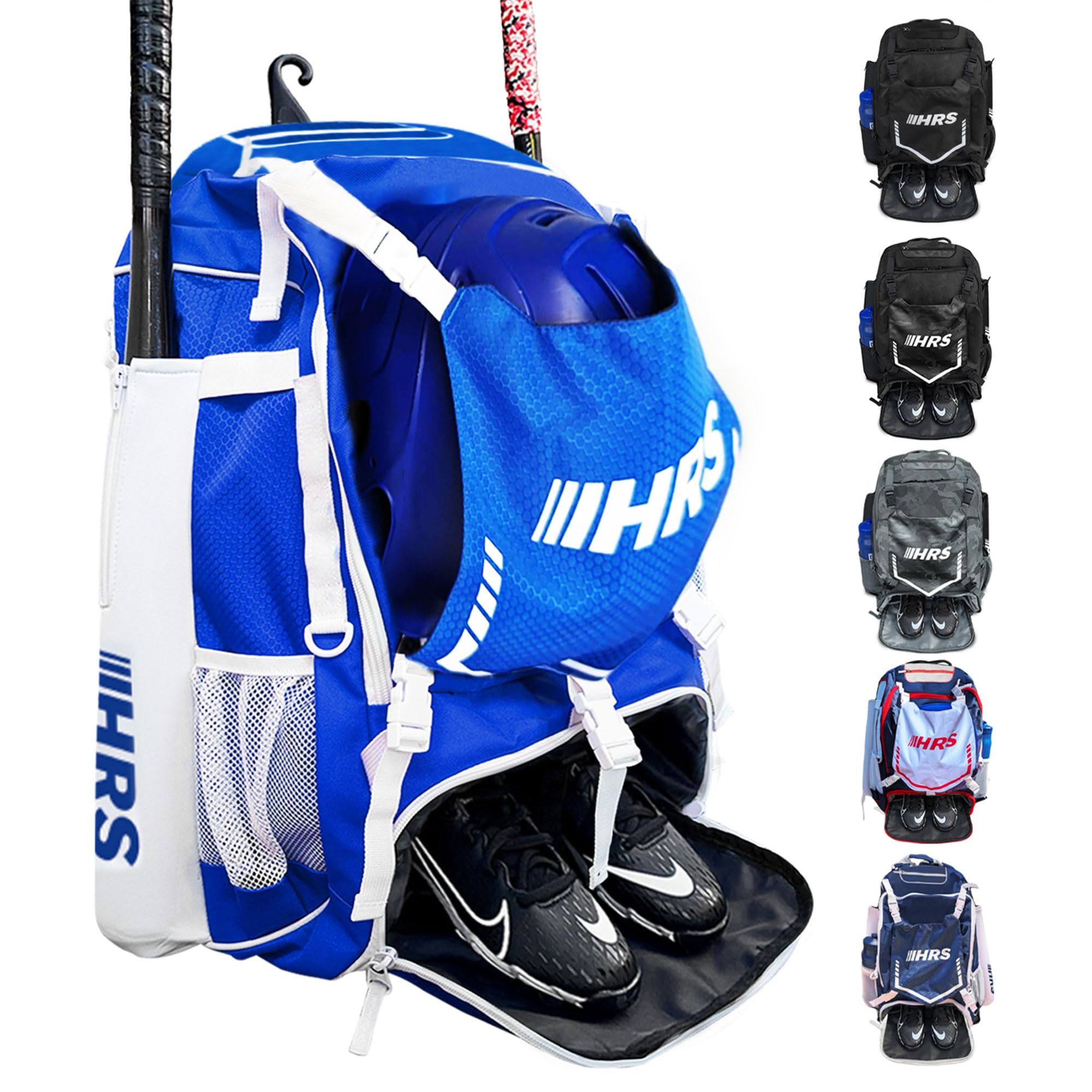 Hit Run Steal Blue Softball Baseball Bag - Holds 4 Bats, Glove, Water Bottle, Shoe Compartment, Helmet, Fence Hook for Equipment & Gear