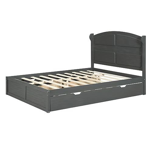 Harper & Bright Designs Queen Platform Bed with Twin Size Trundle and 2 Storage Drawers, Wooden Queen Size Bed Frame with Headboard, Queen Storage Bed with Trundle for Bedroom (Antique Gray)