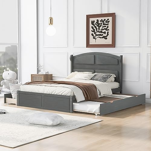 Harper & Bright Designs Queen Platform Bed with Twin Size Trundle and 2 Storage Drawers, Wooden Queen Size Bed Frame with Headboard, Queen Storage Bed with Trundle for Bedroom (Antique Gray)