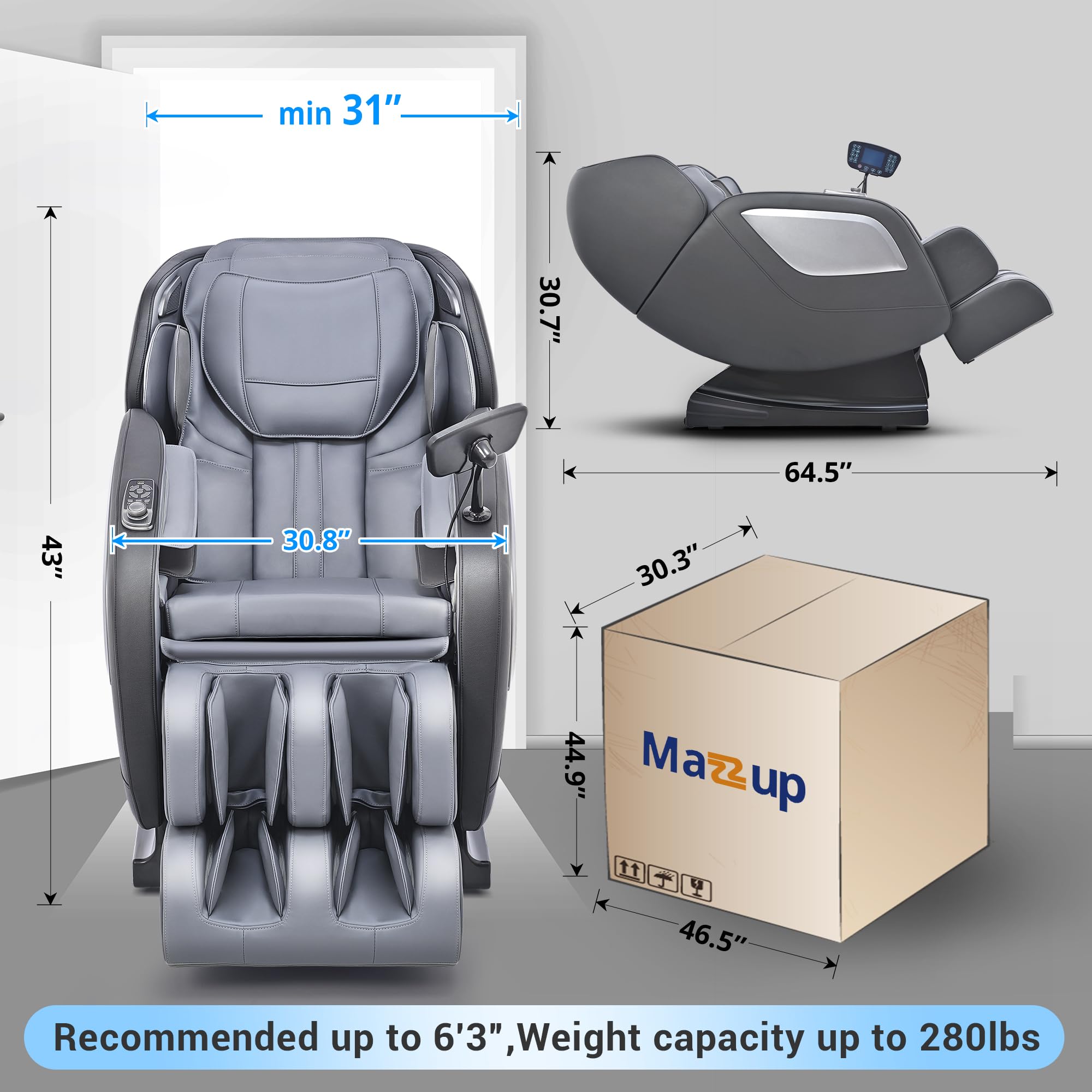 Mazzup Full Body Zero Gravity Shiatsu Massage Chair with Fully Assembled, LCD Screen, Shortcut Keys, USB Charging Port, Heat, for Loved Ones, Parents, Black
