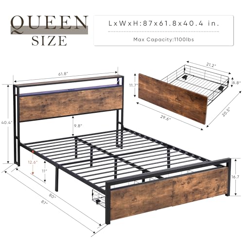 BACSWIHOM Queen Size Bed Frame with Storage Headboard and 2 Drawers, LED Lights Bed with Charging Station, Metal Platform No Noise, Mattress Foundation Strong Metal Slats Support No Box Spring Needed