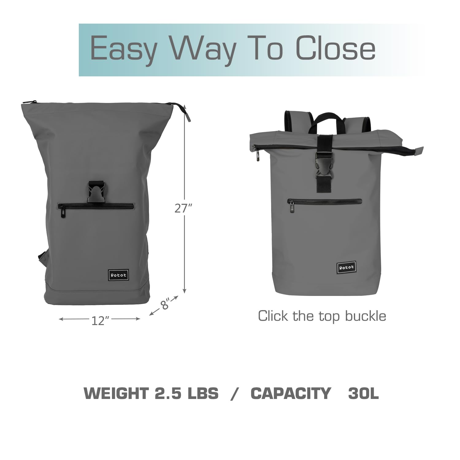 ROTOT Roll Top Travel Backpack, 22L High Volume Laptop Bag Carry on Accessories Essentials (Gray)