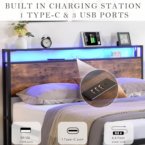 BACSWIHOM Queen Size Bed Frame with Storage Headboard and 2 Drawers, LED Lights Bed with Charging Station, Metal Platform No Noise, Mattress Foundation Strong Metal Slats Support No Box Spring Needed