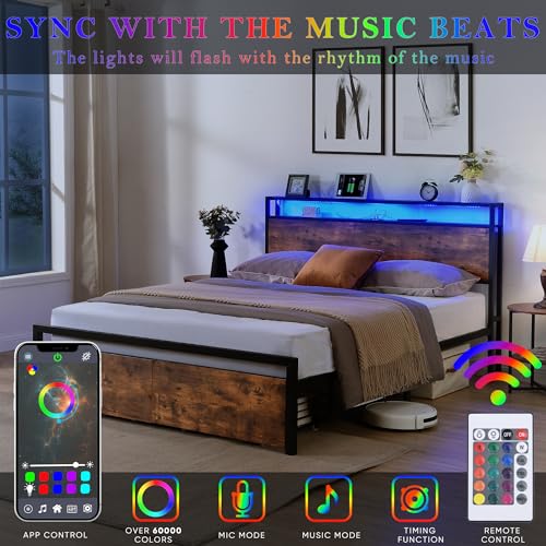 BACSWIHOM Queen Size Bed Frame with Storage Headboard and 2 Drawers, LED Lights Bed with Charging Station, Metal Platform No Noise, Mattress Foundation Strong Metal Slats Support No Box Spring Needed