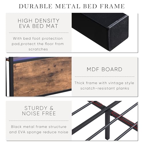 BACSWIHOM Queen Size Bed Frame with Storage Headboard and 2 Drawers, LED Lights Bed with Charging Station, Metal Platform No Noise, Mattress Foundation Strong Metal Slats Support No Box Spring Needed