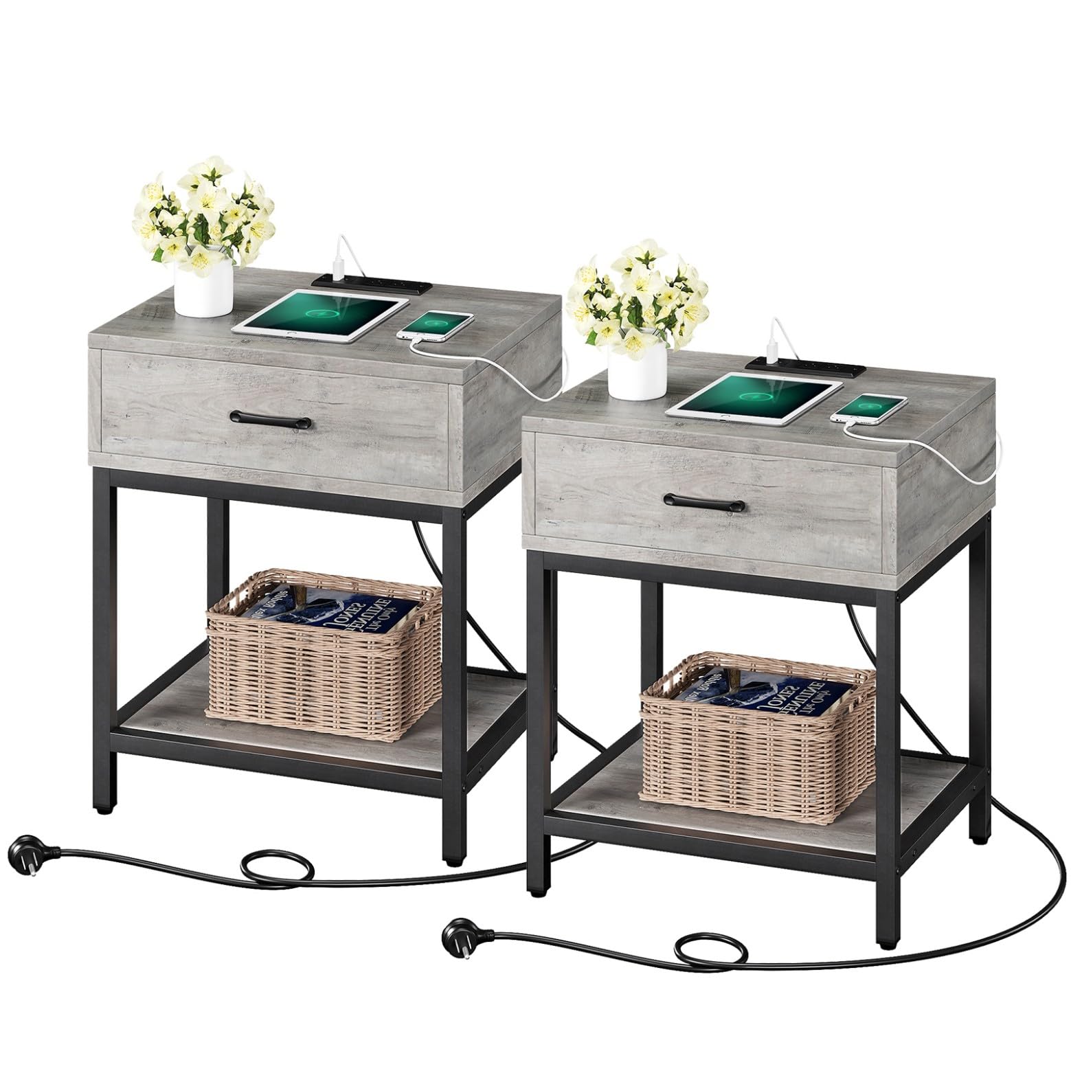 GAOMON 3 Pieces Bedroom Furniture Set, Queen Metal Platform Bed Frame with Night Stand Set 2, Bed Frame with Storage and Steel Slat Support, Nightstand with Charging Station and Drawer, Bedroom Sets