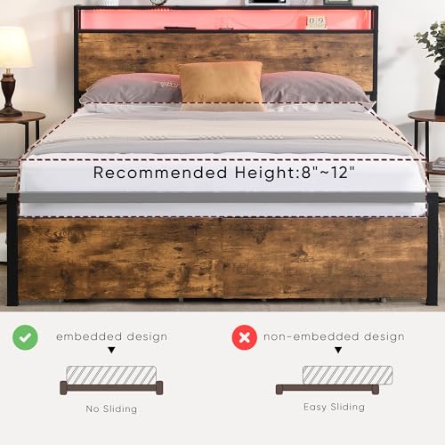 BACSWIHOM Queen Size Bed Frame with Storage Headboard and 2 Drawers, LED Lights Bed with Charging Station, Metal Platform No Noise, Mattress Foundation Strong Metal Slats Support No Box Spring Needed