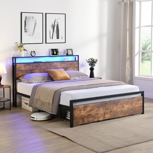 BACSWIHOM Queen Size Bed Frame with Storage Headboard and 2 Drawers, LED Lights Bed with Charging Station, Metal Platform No Noise, Mattress Foundation Strong Metal Slats Support No Box Spring Needed