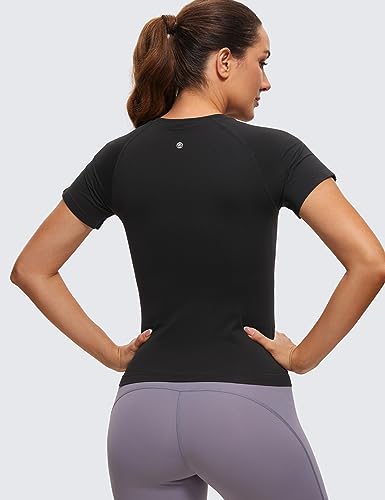 CRZ YOGA Women's Seamless Workout Tops Breathable Short Sleeve Gym Shirts Running Yoga Athletic T-Shirts Black Medium