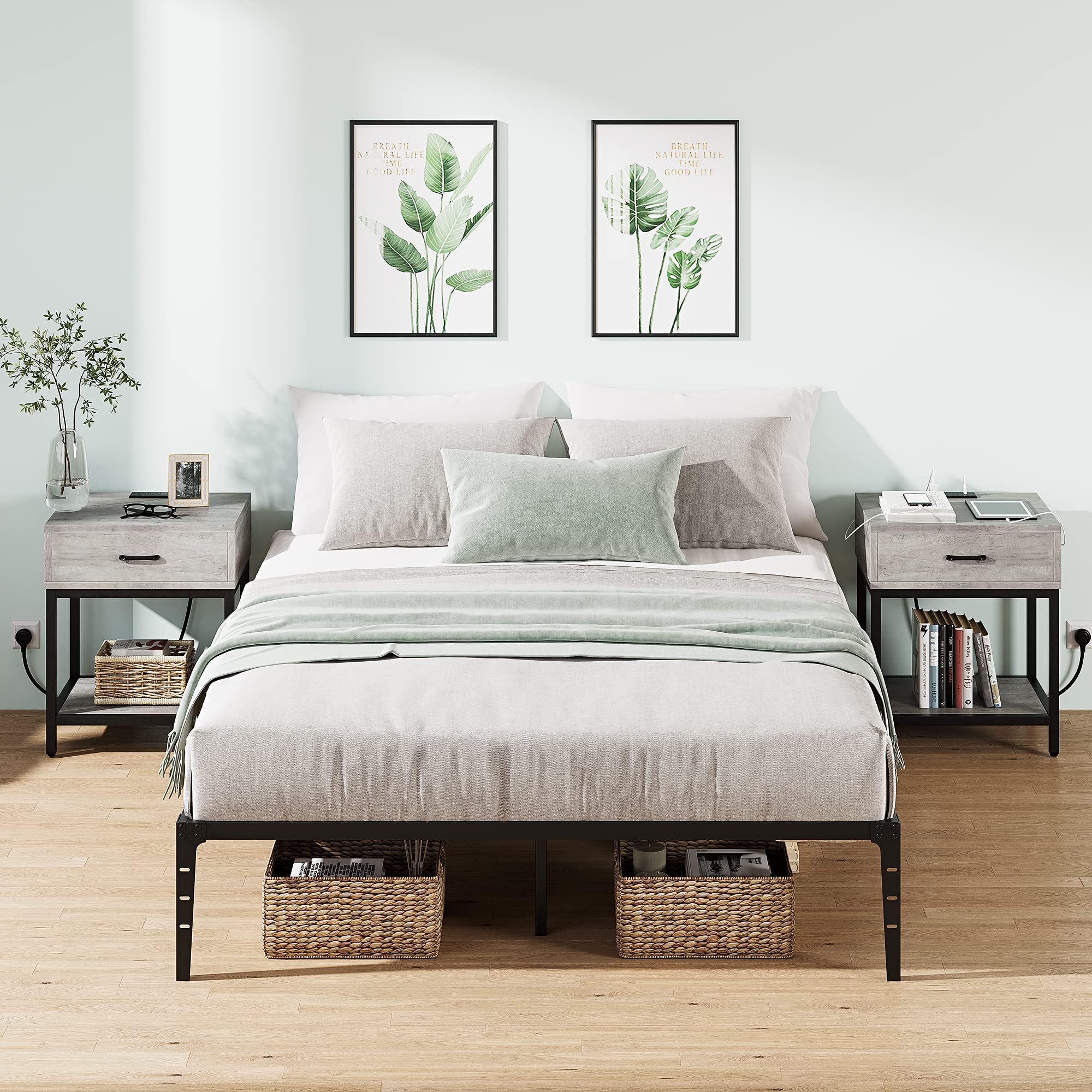 GAOMON 3 Pieces Bedroom Furniture Set, Queen Metal Platform Bed Frame with Night Stand Set 2, Bed Frame with Storage and Steel Slat Support, Nightstand with Charging Station and Drawer, Bedroom Sets