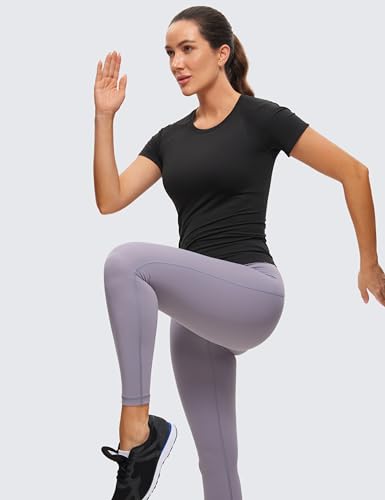 CRZ YOGA Women's Seamless Workout Tops Breathable Short Sleeve Gym Shirts Running Yoga Athletic T-Shirts Black Medium