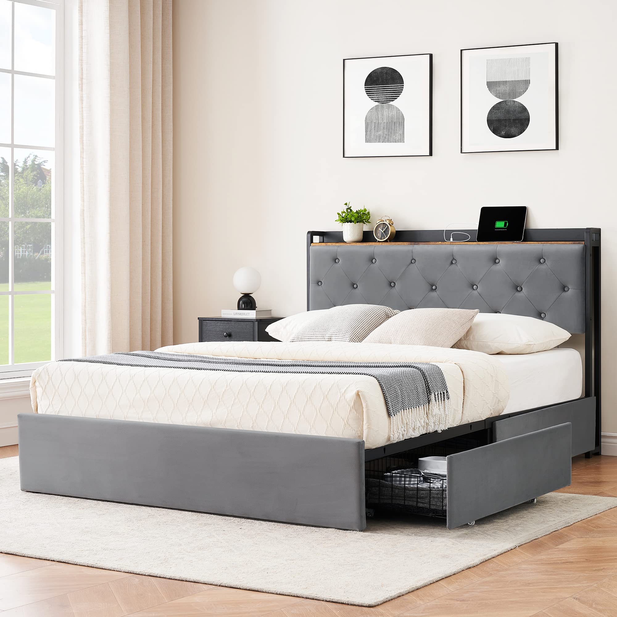IDEALHOUSE Queen Bed Frame with 4 Storage Drawers and Charging Station, Grey Upholstered Bed Frame with Storage Headboard, No Box Spring Needed, Noise-Free
