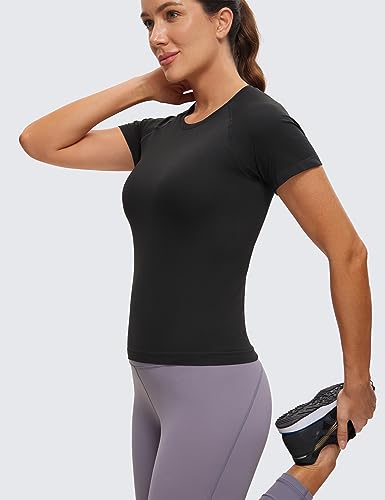 CRZ YOGA Women's Seamless Workout Tops Breathable Short Sleeve Gym Shirts Running Yoga Athletic T-Shirts Black Medium