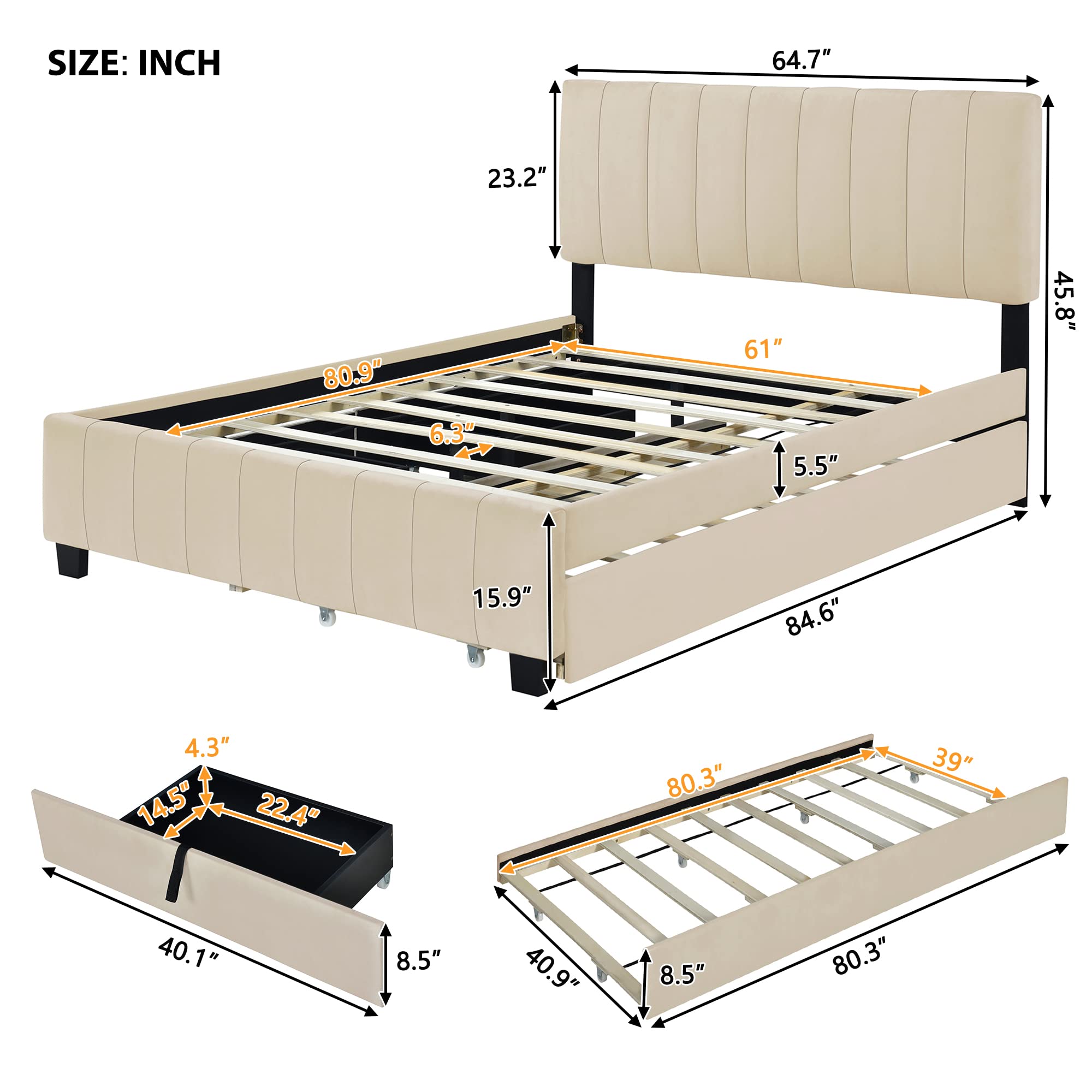 Anwick Velvet Queen Size Platform Bed with 2 Drawers and 1 Twin XL Trundle, Upholstered Queen Bed Frame with Storage and Headboard for Bedroom, No Box Spring Needed (Beige, Queen)