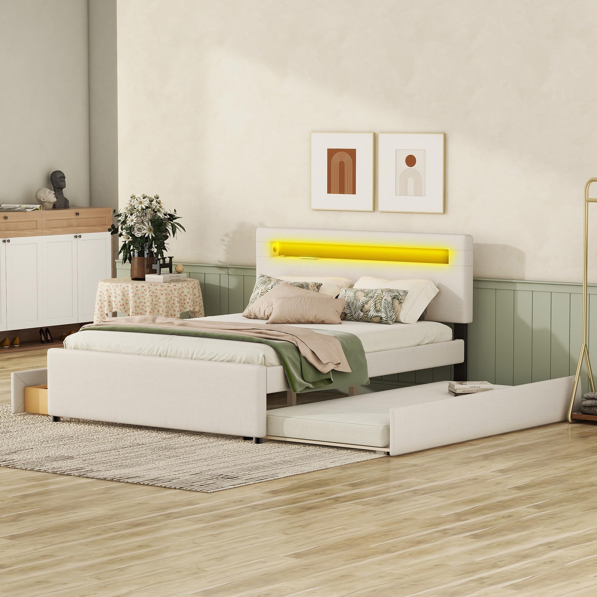 HAWWHOME Queen Size Upholstered Platform Bed with 2 Storage Drawers and Twin Trundle, LED Lights and USB Charging, Linen Queen Bed Frame with Headboard and Wood Slat Support,Beige