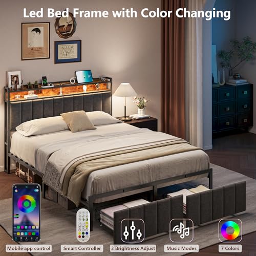 MEIJUJIA Queen Bed Frame with 2 Storage Drawers and LED Lights Headboard, Upholstered Bed Frame Queen Size with Charging Station, No Box Spring Needed, Easy Assembly - Grey