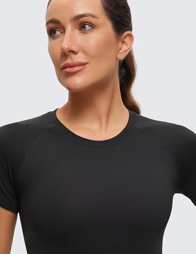 CRZ YOGA Women's Seamless Workout Tops Breathable Short Sleeve Gym Shirts Running Yoga Athletic T-Shirts Black Medium