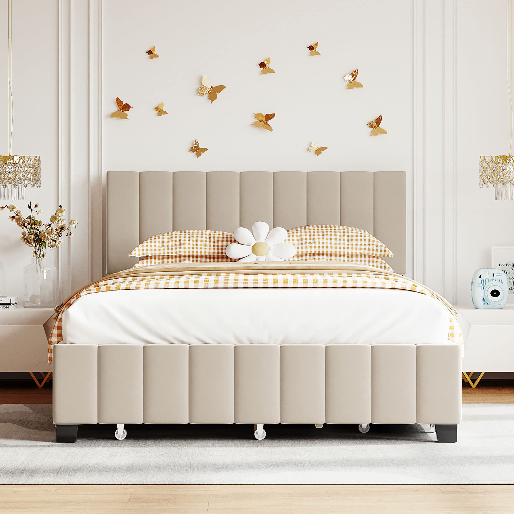 Anwick Velvet Queen Size Platform Bed with 2 Drawers and 1 Twin XL Trundle, Upholstered Queen Bed Frame with Storage and Headboard for Bedroom, No Box Spring Needed (Beige, Queen)