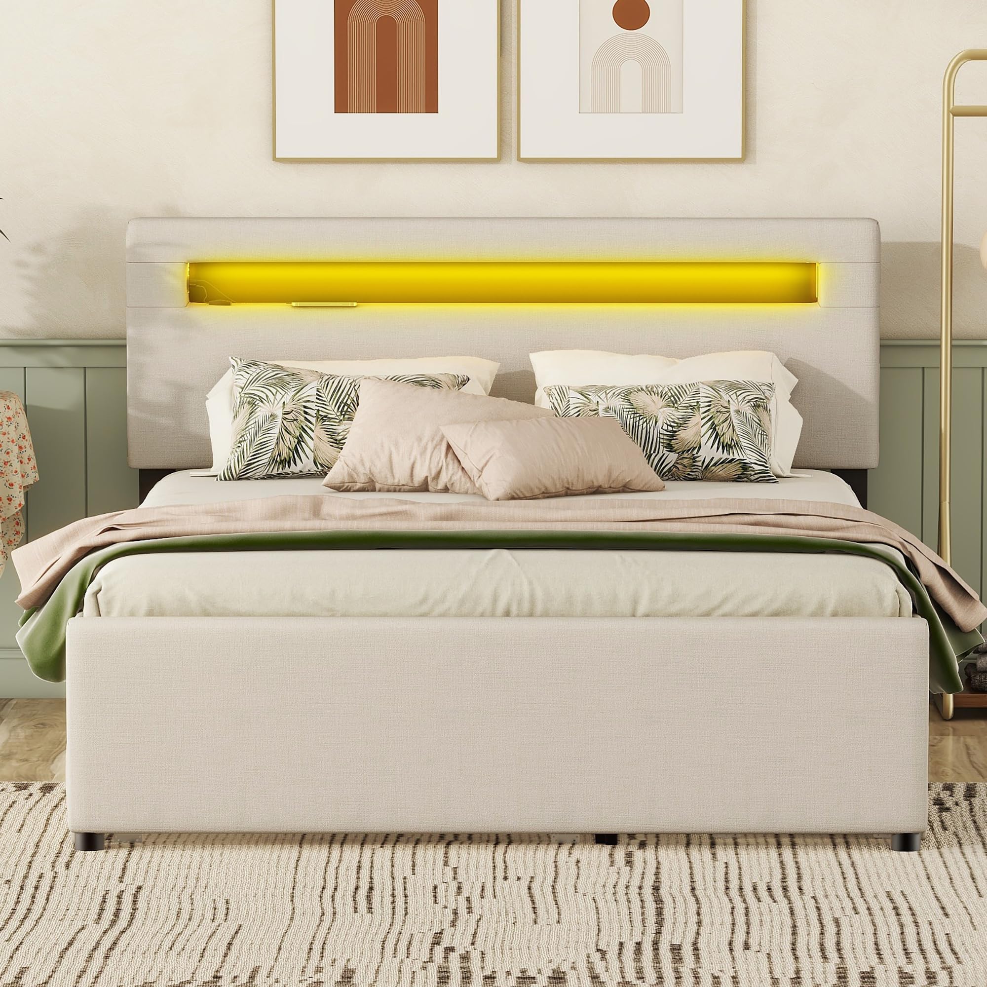 HAWWHOME Queen Size Upholstered Platform Bed with 2 Storage Drawers and Twin Trundle, LED Lights and USB Charging, Linen Queen Bed Frame with Headboard and Wood Slat Support,Beige
