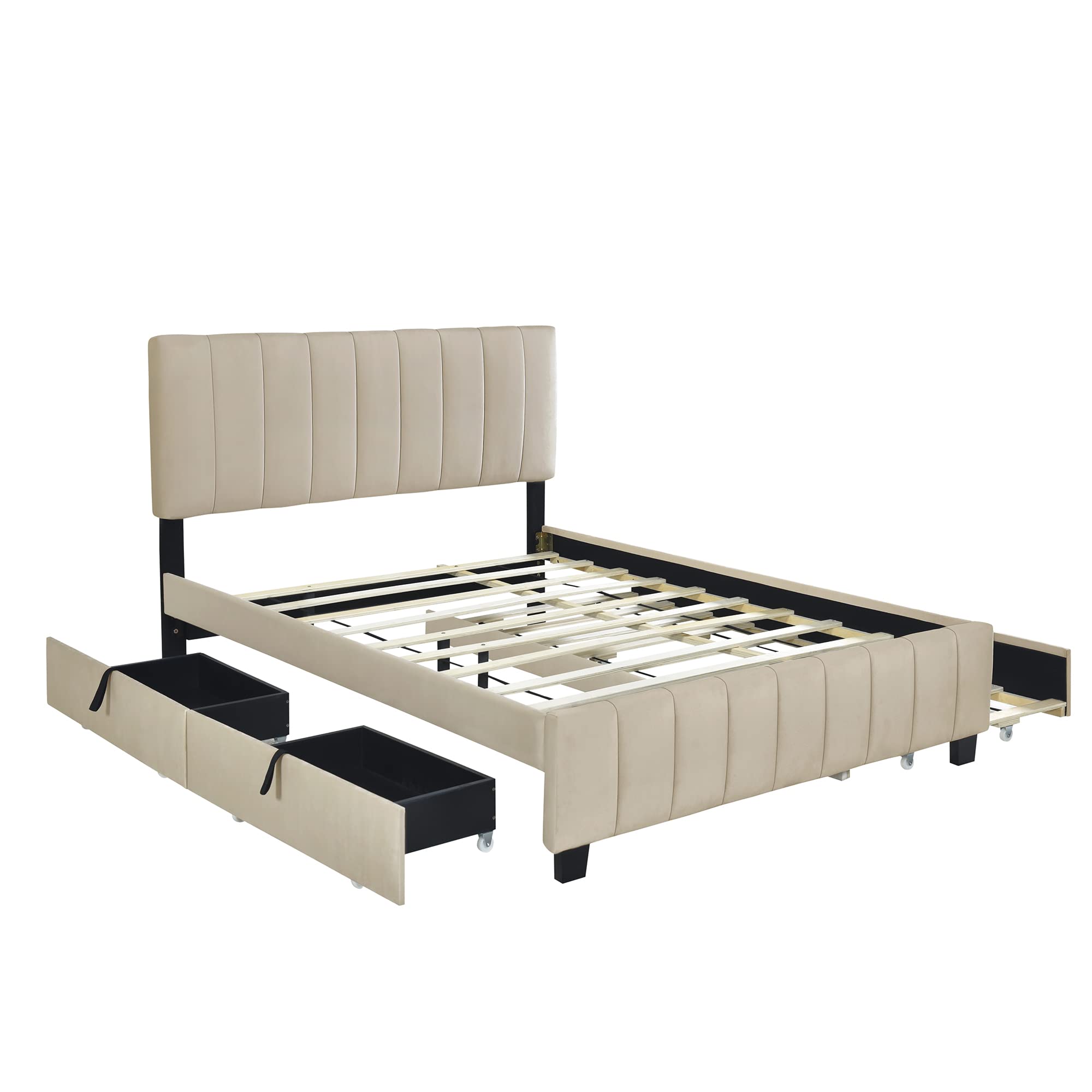 Anwick Velvet Queen Size Platform Bed with 2 Drawers and 1 Twin XL Trundle, Upholstered Queen Bed Frame with Storage and Headboard for Bedroom, No Box Spring Needed (Beige, Queen)