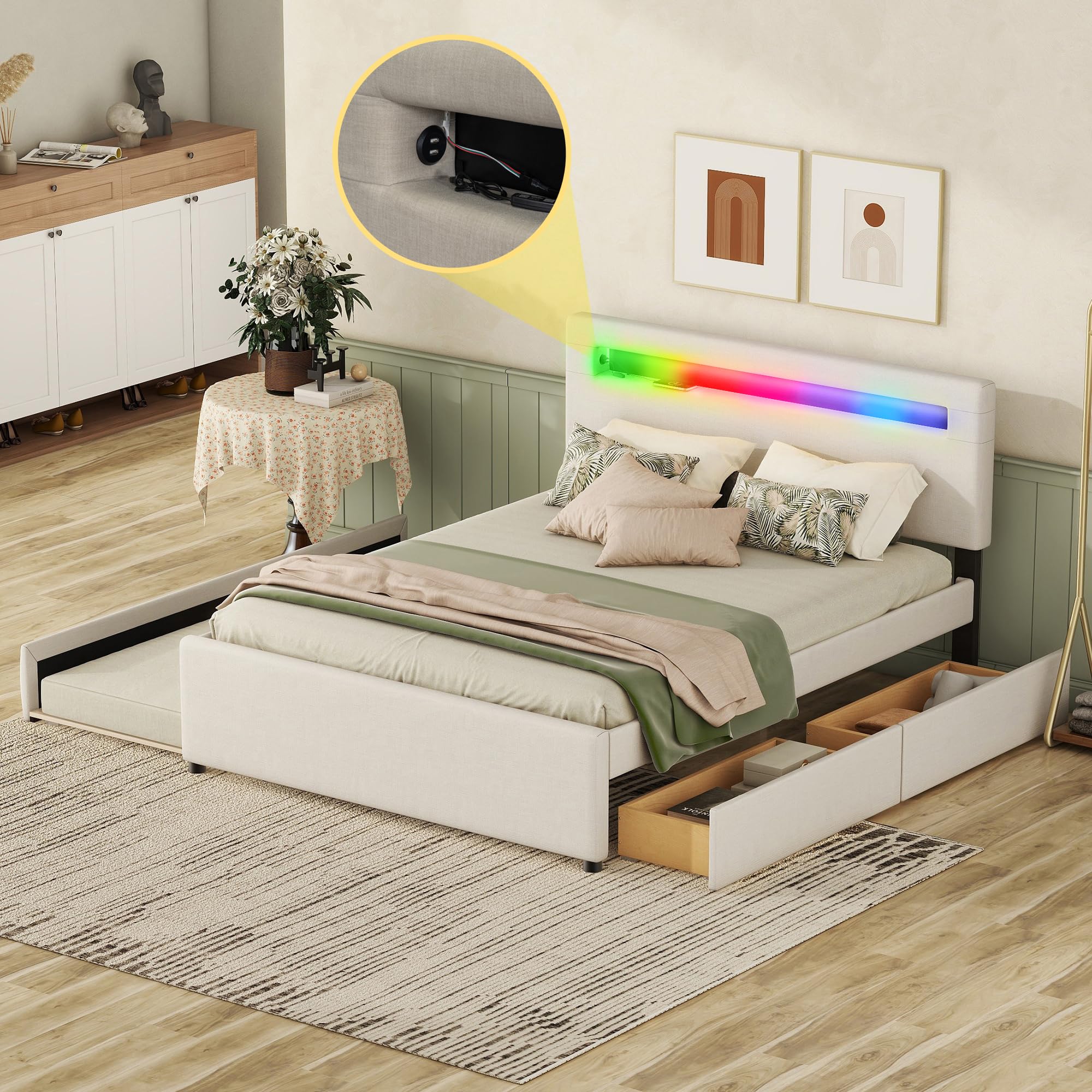 HAWWHOME Queen Size Upholstered Platform Bed with 2 Storage Drawers and Twin Trundle, LED Lights and USB Charging, Linen Queen Bed Frame with Headboard and Wood Slat Support,Beige