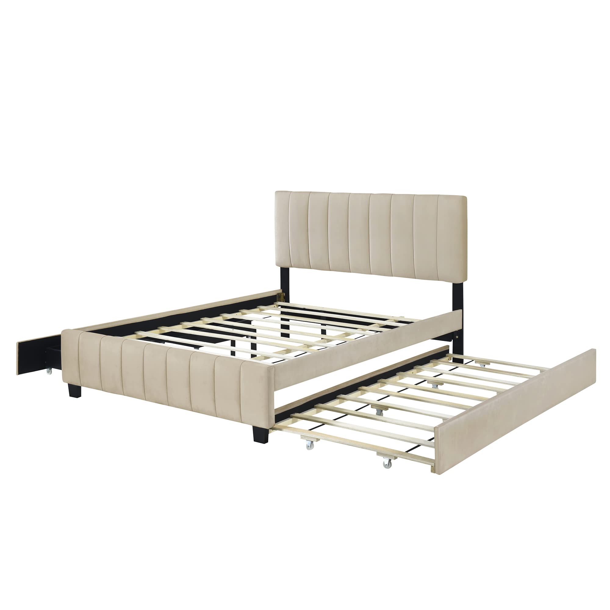 Anwick Velvet Queen Size Platform Bed with 2 Drawers and 1 Twin XL Trundle, Upholstered Queen Bed Frame with Storage and Headboard for Bedroom, No Box Spring Needed (Beige, Queen)