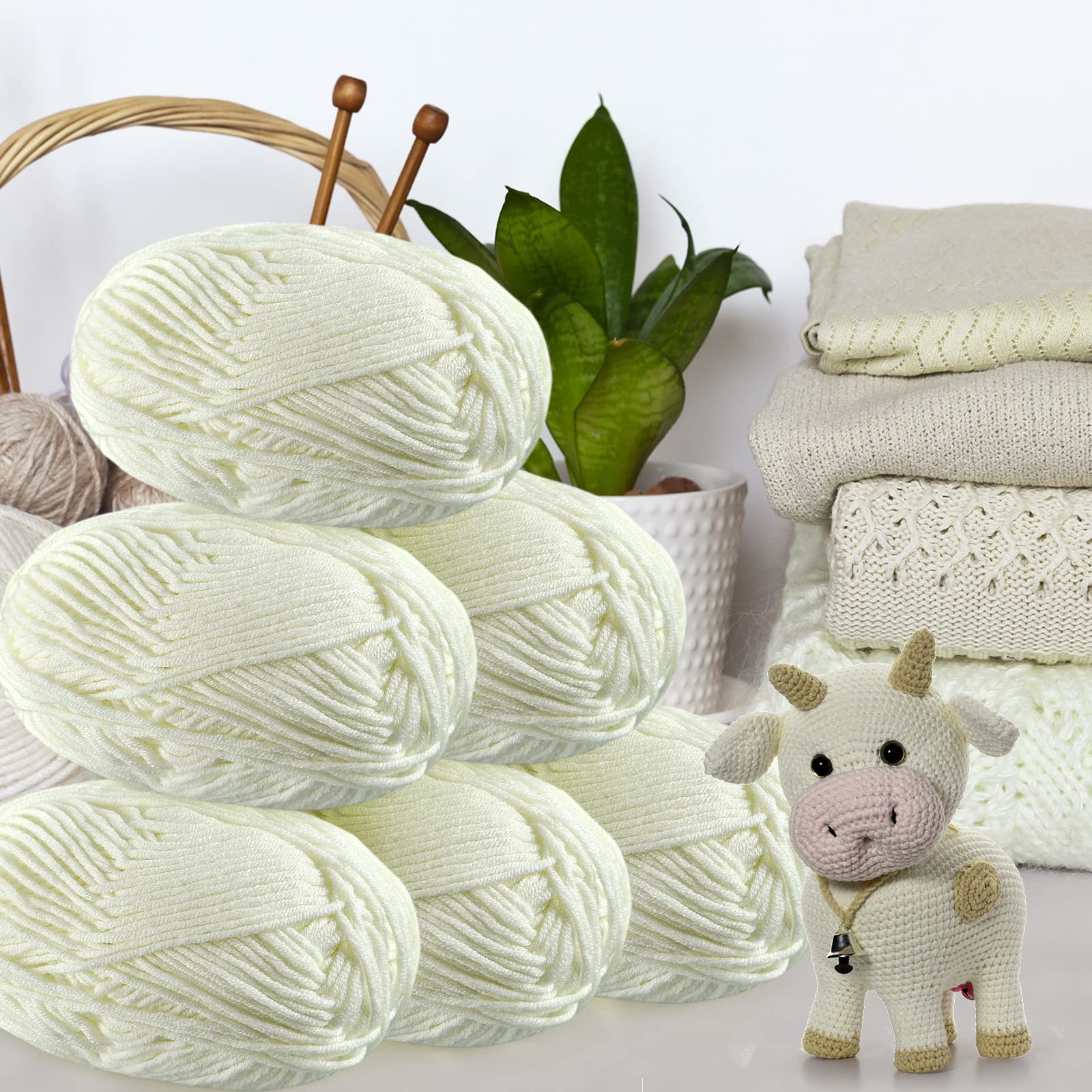 6 Pack Yarn for Crocheting and Knitting, Knitted Crochet Yarns Polyester Thread Round Rope Yarns for DIY Handbag Purse Basket Crochet Bag Fabric Yarn (Milk White)