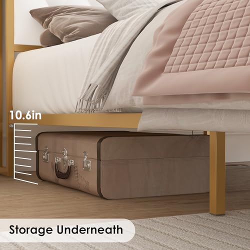 HITHOS Queen Bed Frame, Storage Headboard with Charging Station, Button Tufted Platform Bed with 2 Drawers, Upholstered Bed with 51.6" Tall Headboard, Gold Metal Frame, No Box Spring Needed, White